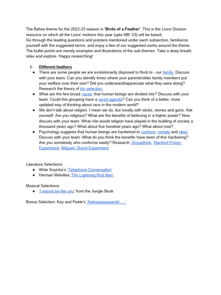 Behes Resources (Lions Division) - 'Birds of A Feather' | PDF