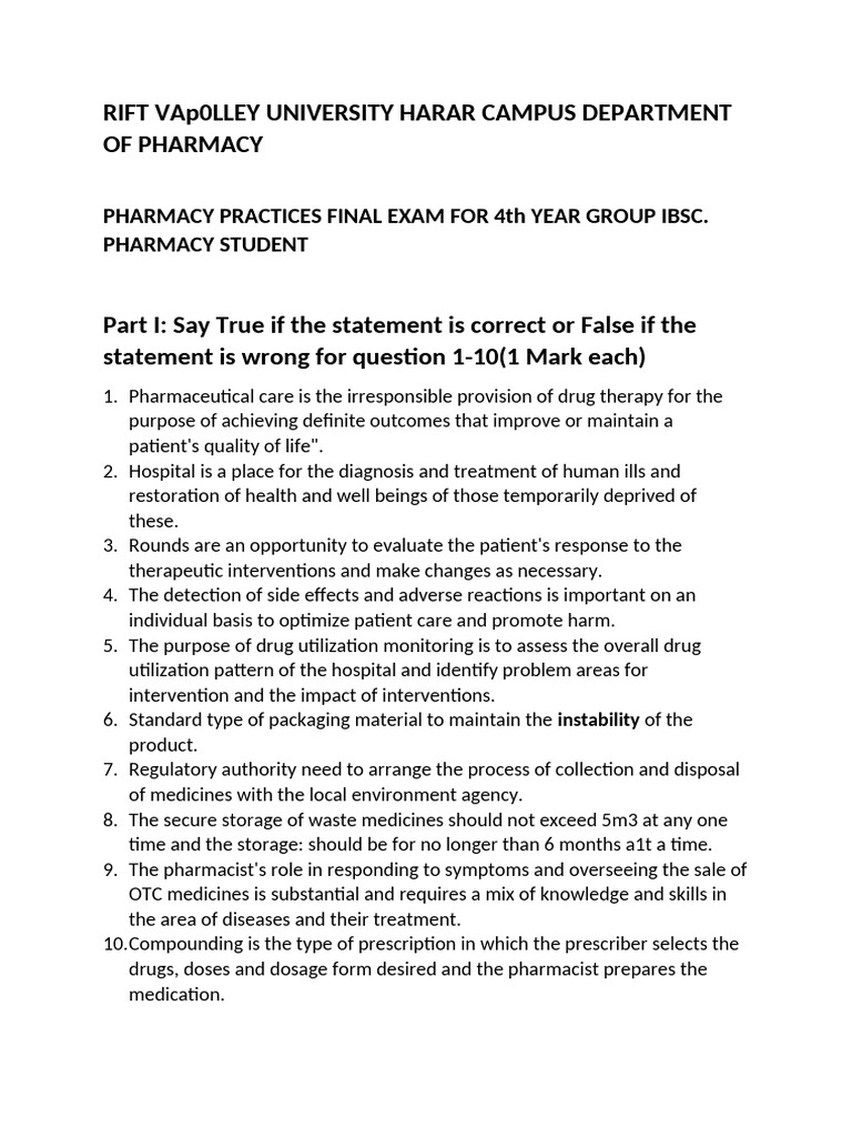 Pharma Practice 1 Final Exam | PDF | Pharmacy | Hospital
