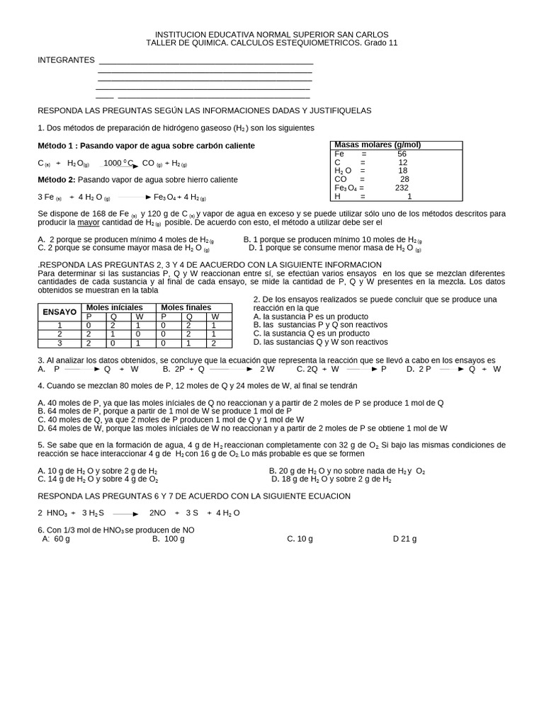 Taller cálculos estequiométricos | PDF | Estequiometría | Mole (Unidad)