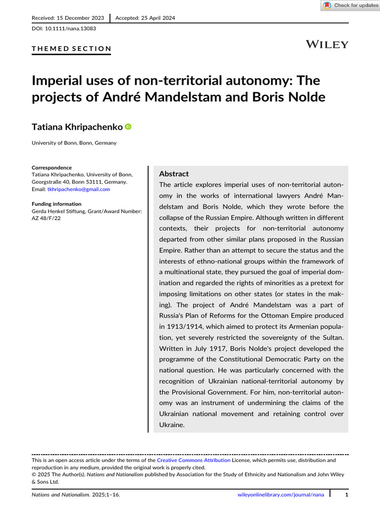 Nations and Nationalism - 2025 - Khripachenko - Imperial Uses of Non ...