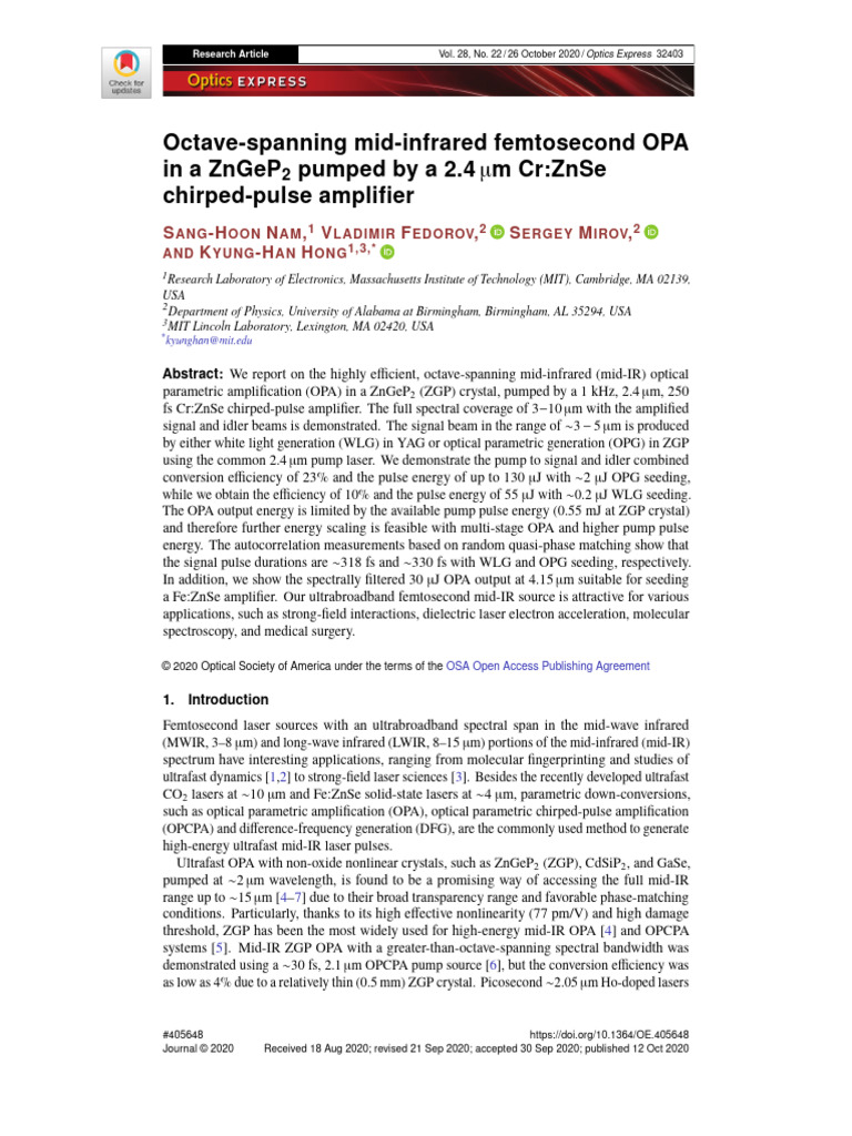 Mid-IR Femtosecond OPA in ZnGeP2 | PDF | Laser | Ultrashort Pulse