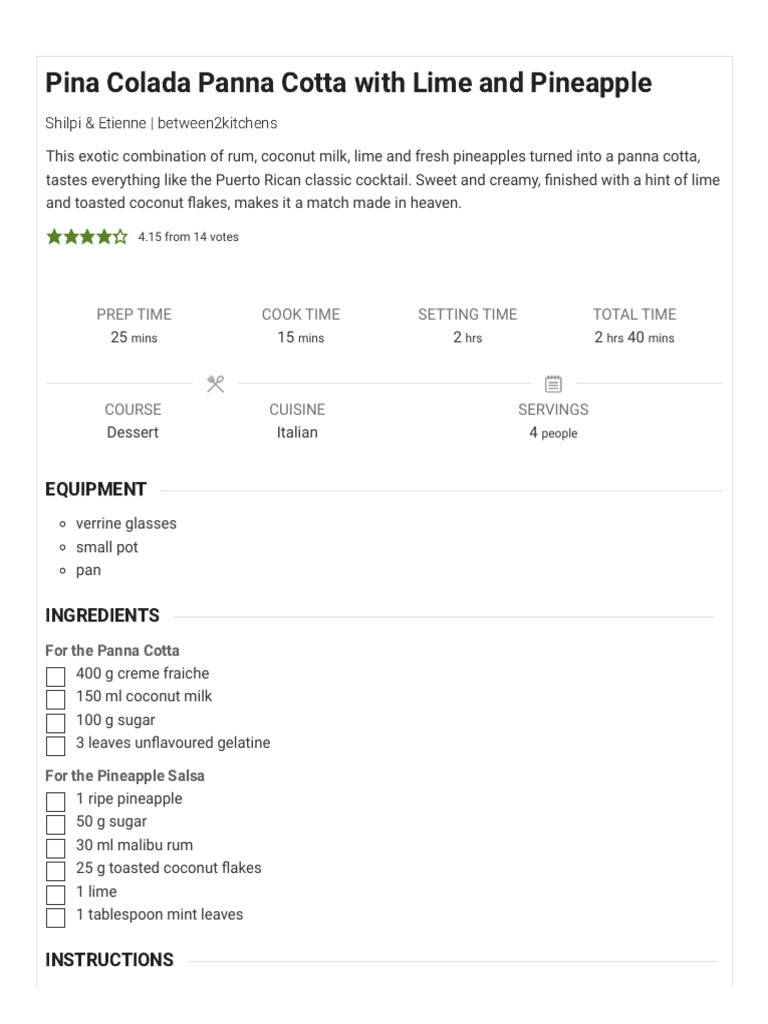 Pina Colada Panna Cotta With Lime and Pineapple - Between2Kitchens | PDF