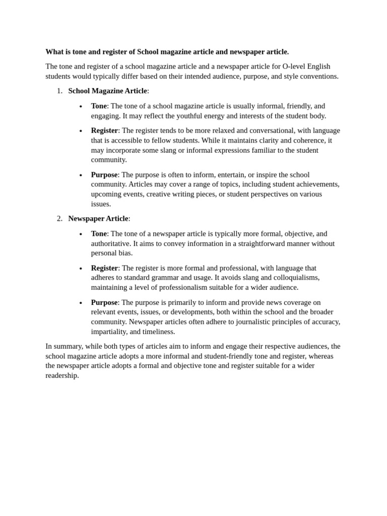 Tone and Register in School vs. Newspaper Articles | PDF