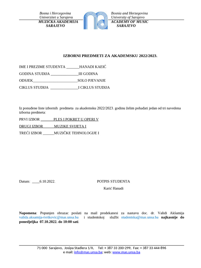 Obrazac Za Izborni Predmet 2022 | PDF
