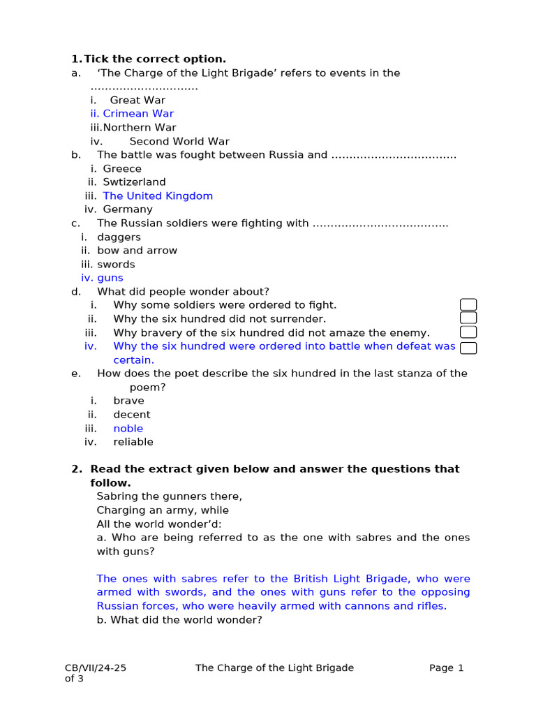 The Charge of the Light Brigade Quiz | PDF | Artillery | Poetry