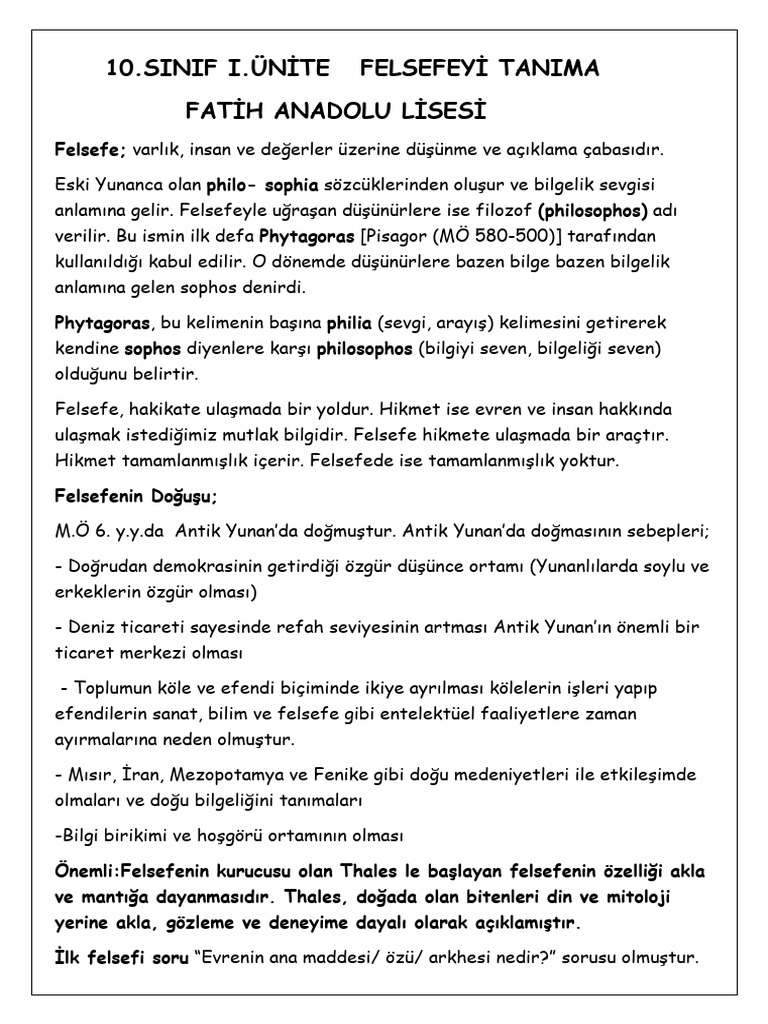 Sinif Felsefe 1.unite Felsefeyi Tanima Notlari 1 1 | PDF