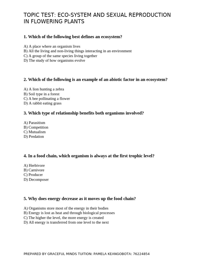 Topic Test Ecosystem and Flowering Plants | PDF | Flowers | Ecosystem