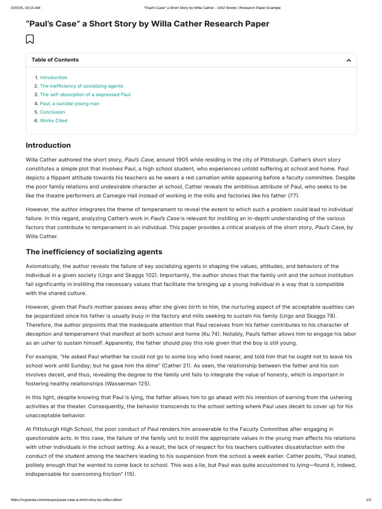 Paul's Case - A Short Story by Willa Cather - 1942 Words - Research ...