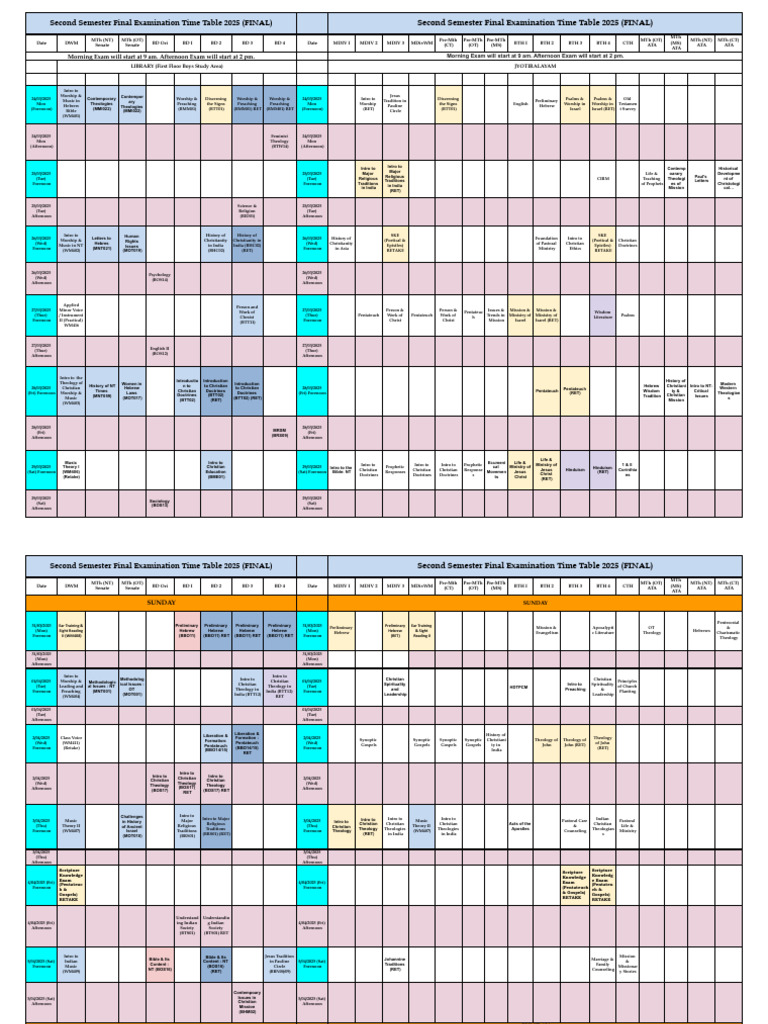 2025 Second Sem Exam Timetable - Revised | PDF | Gospels | Theology