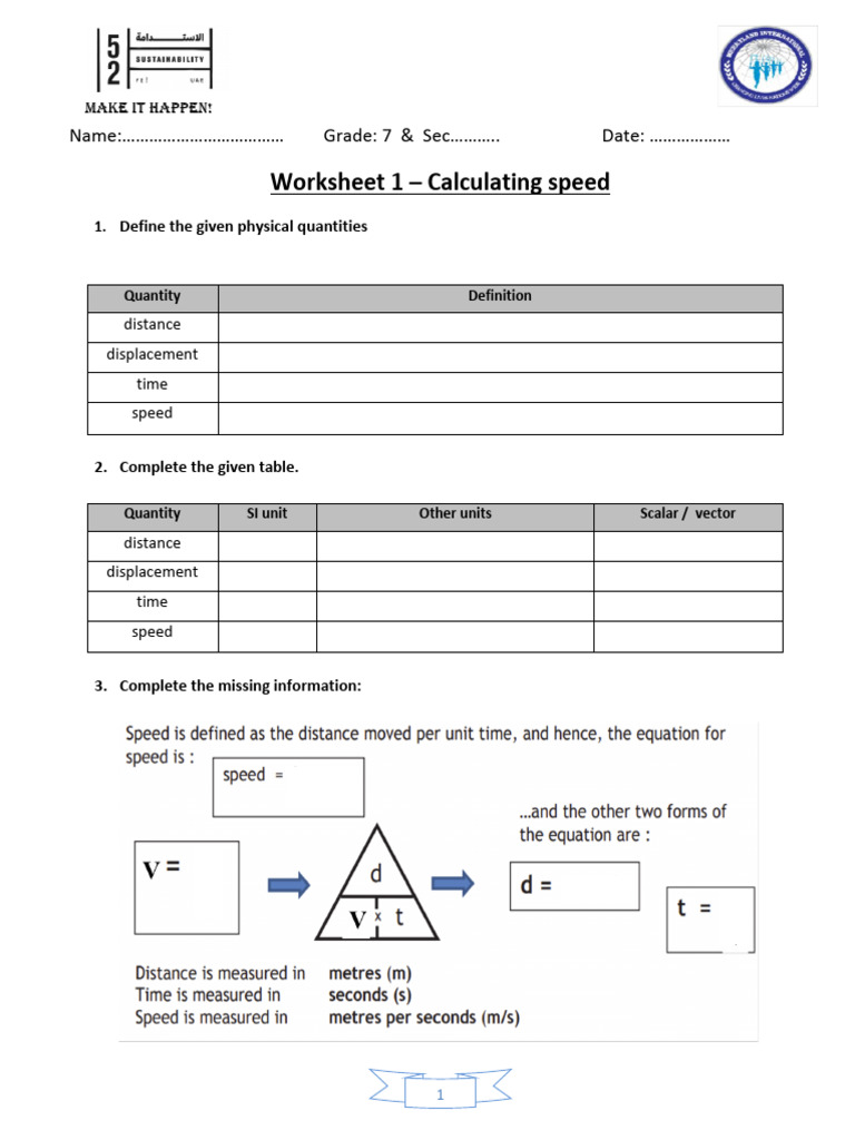 Worksheet 1 Calculating Speed | PDF