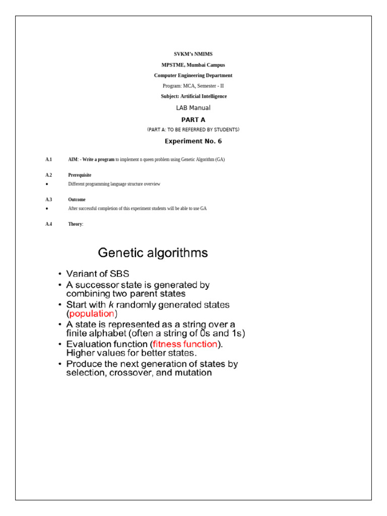 Experiment 6 - N Queen Problem With GA | PDF | Genetic Algorithm | Learning