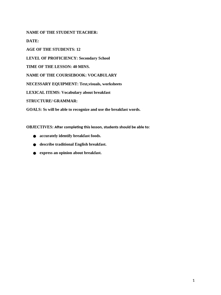 Sample Vocabulary Lesson Plan - Secondary | PDF | Vocabulary | Cuisine