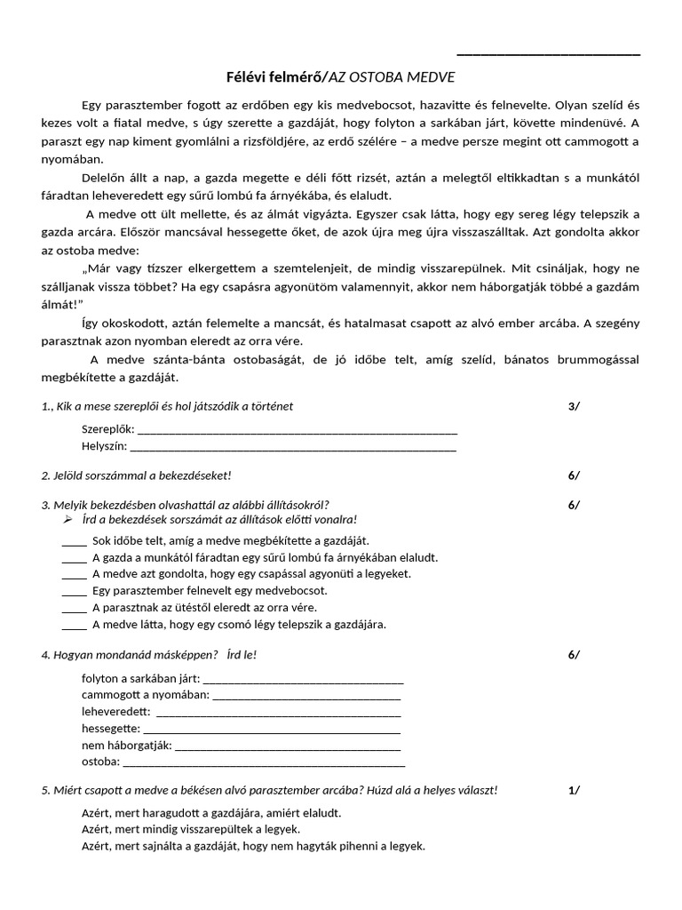Félévi Felmérő AZ OSTOBA MEDVE | PDF