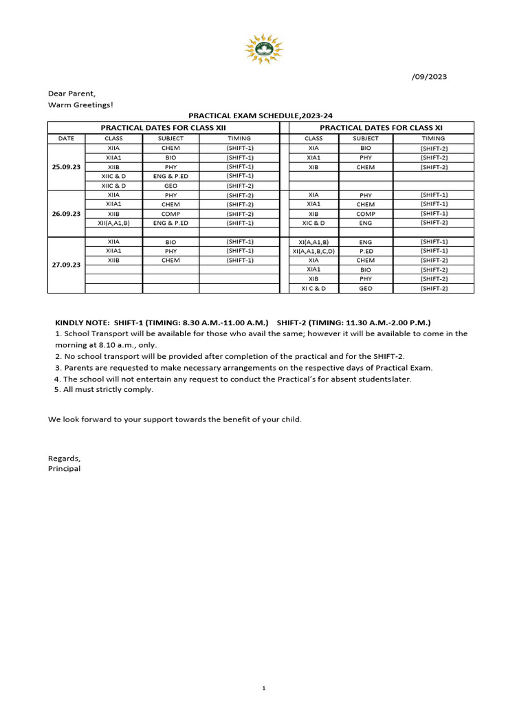 Class XI & XII Practical Exam Schedule | PDF
