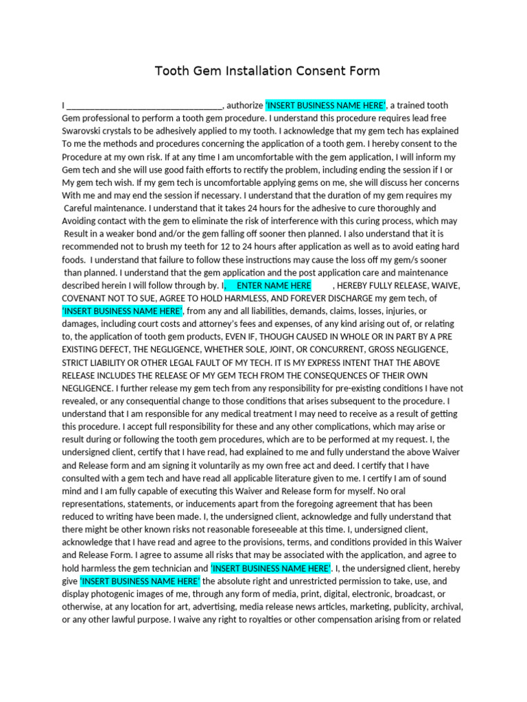 Tooth Gem Installation Consent Form | PDF | Negligence | Common Law