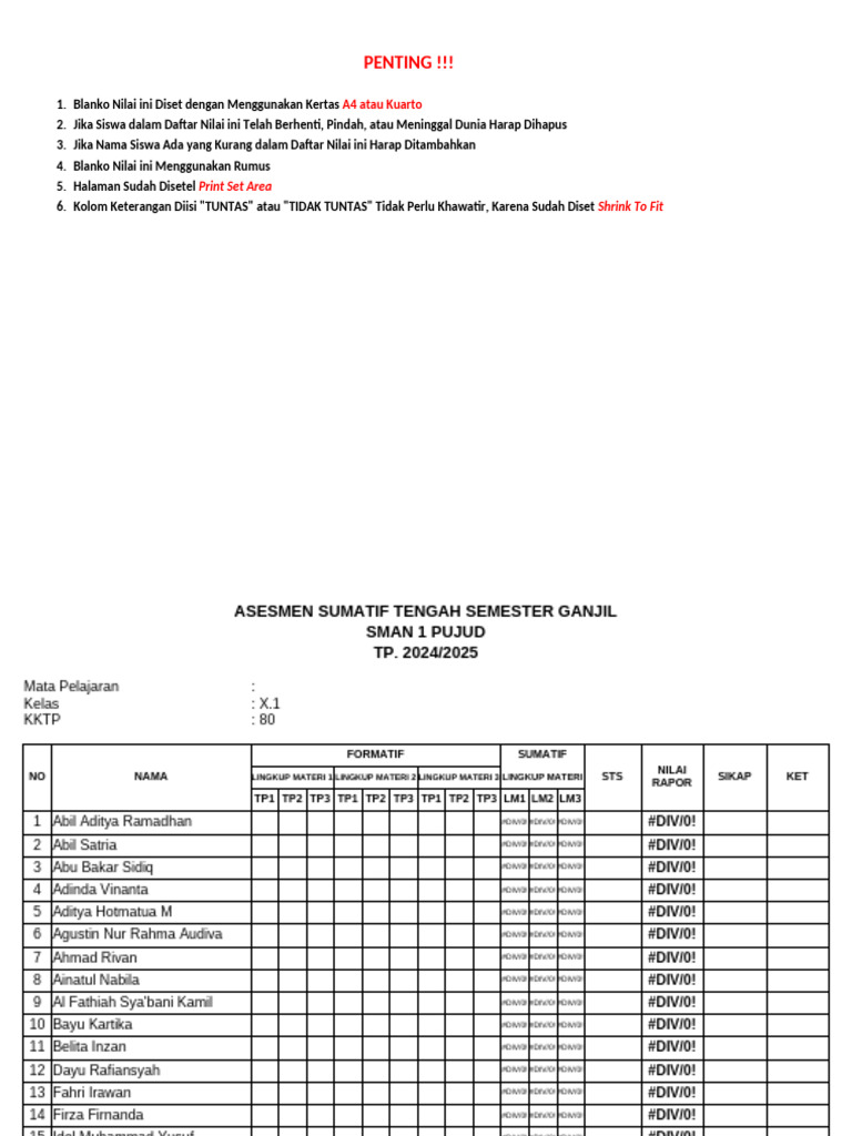 BLANKO NILAI ASTS GANJIL TP. 2024-2025 | PDF