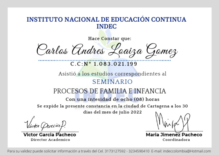 CERT SEMINARIO Familia Carlos Andres Loaiza Gomez | PDF
