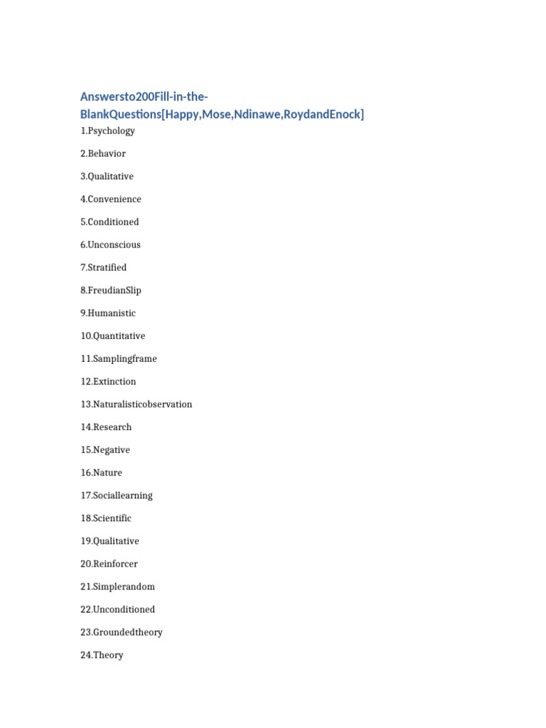 Psychology Fill-in-the-Blank Answers | PDF | Sampling (Statistics ...