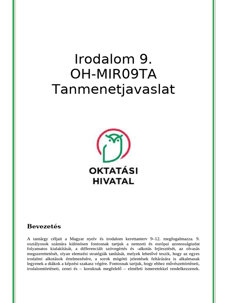 Tanmenet 9 Irodalom | PDF