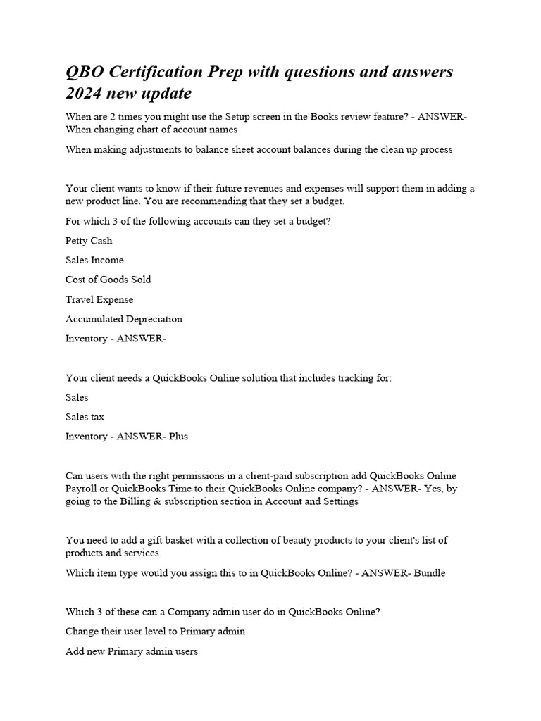 QBO Certification Prep With Questions and Answers 2024 New Update PDF | PDF | Quick Books ...