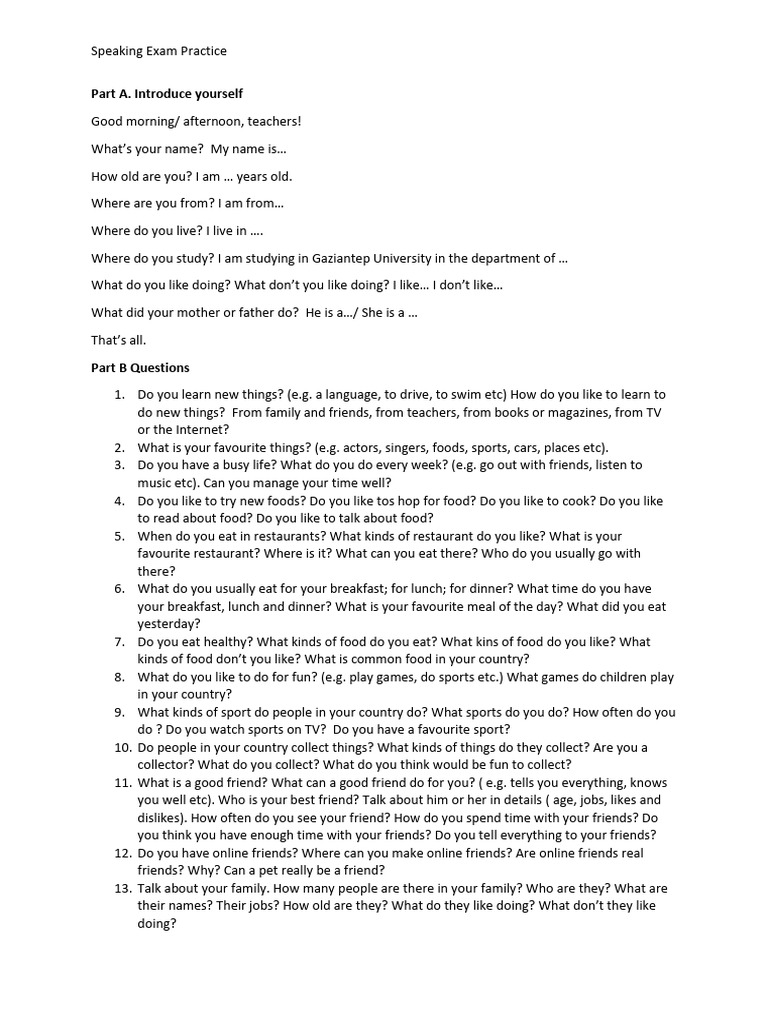 Speaking Exam Practice Guide | PDF | Lunch | Meal