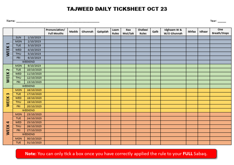 Tajweed Daily Ticksheet | PDF