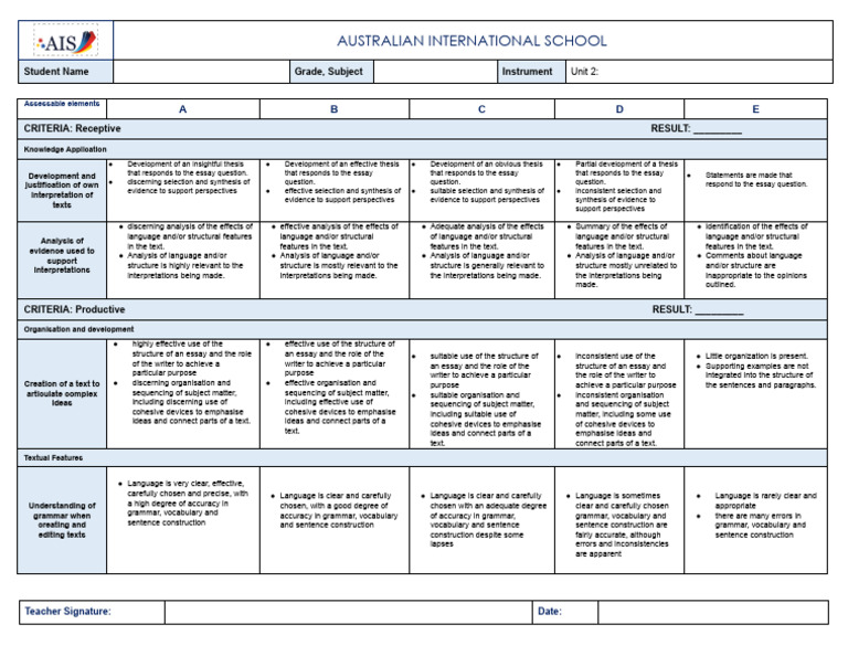 Grade 10 General English Criteria, Unit 2 - Essay (2024 - 2025) | PDF ...