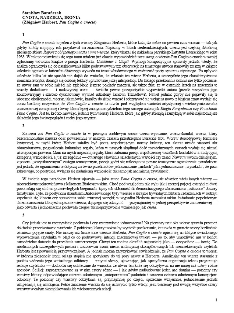 Stanisław Barańczak CNOTA, NADZIEJA, IRONIA (Zbigniew Herbert, Pan ...