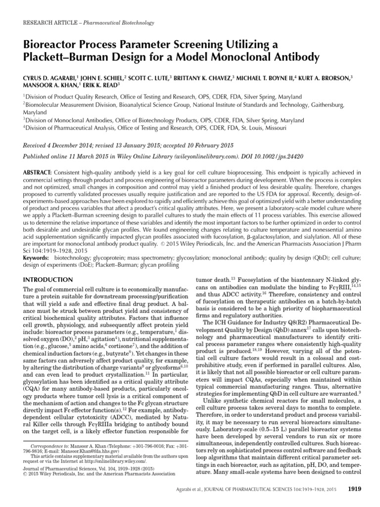 Bioreactor Process Parameter Screening Utilizing A Plackett-Burman ...