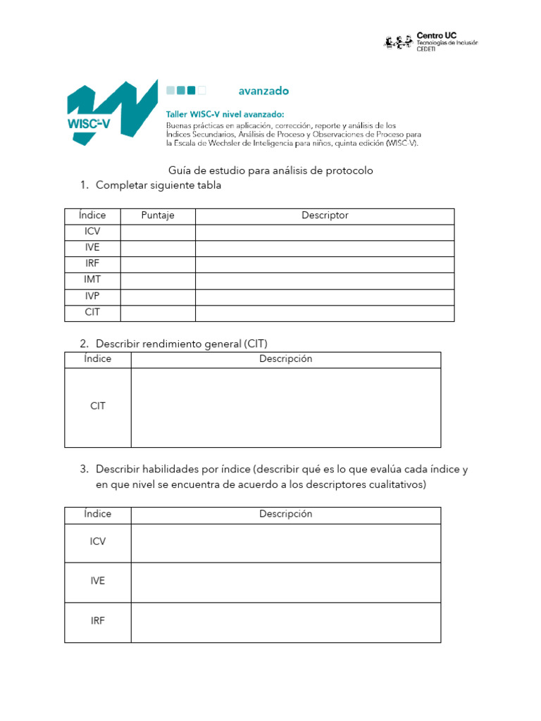 Guía Estudio Análisis de Protocolo Intermedio WISC V | PDF