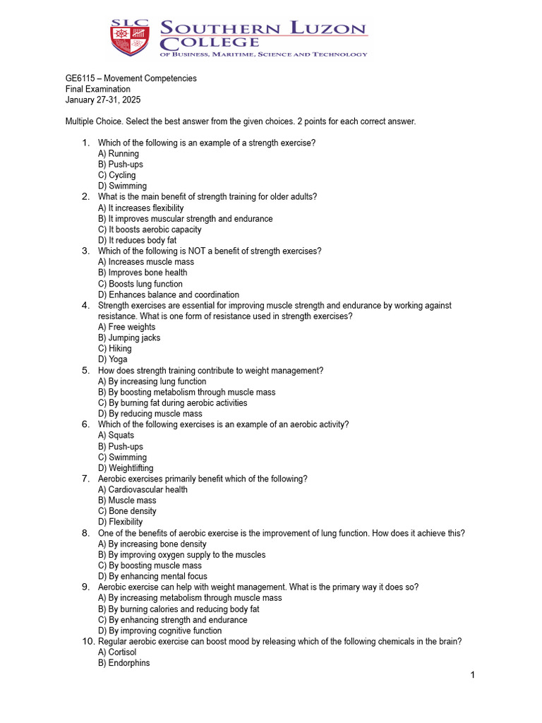 Final Exam GE 6115 Questionnaire | PDF | Strength Training | Aerobic Exercise