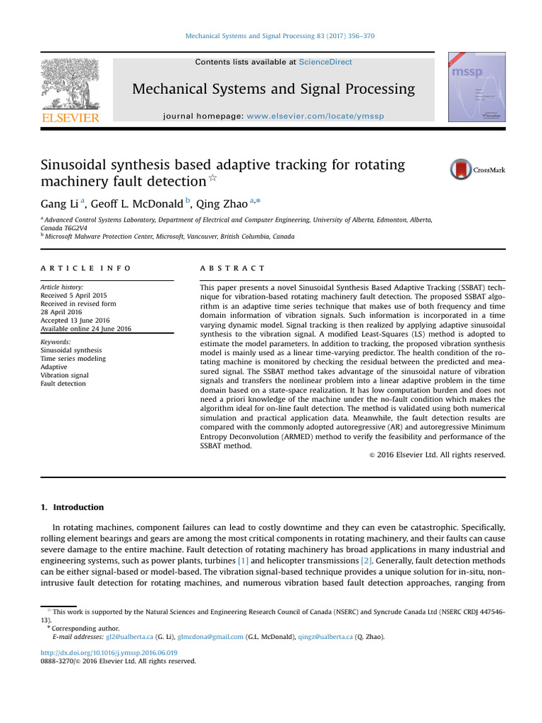 Sinusoidal synthesis based adaptive tracking for rotating machinery fault detection | PDF ...