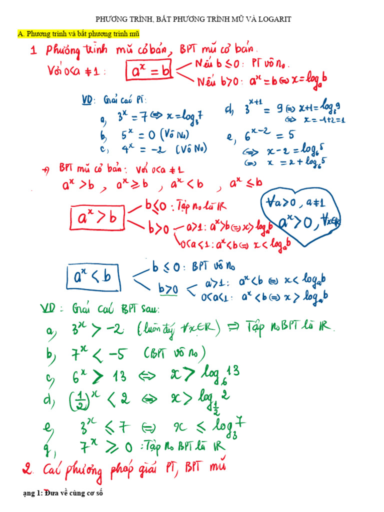 PT, BPT MŨ VÀ LOGARIT buoi 1 | PDF