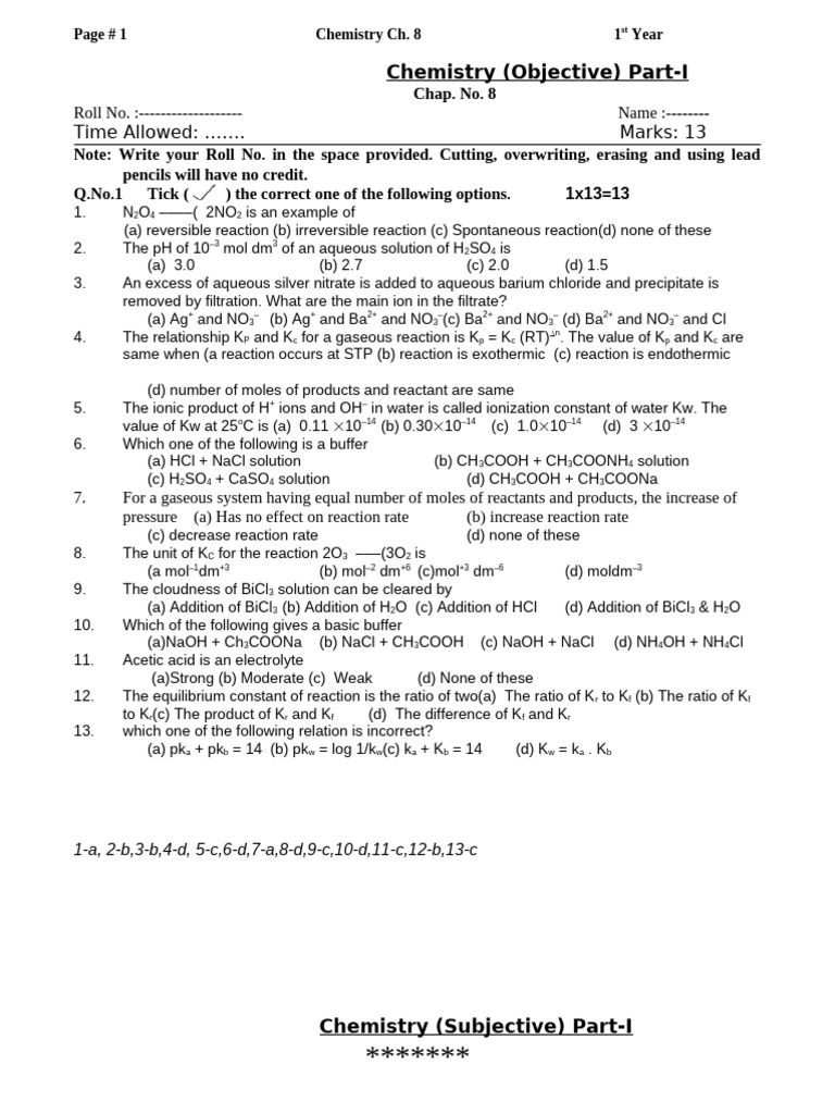 Chemistry Chapter 8 Exam Questions | PDF | Chemical Equilibrium ...