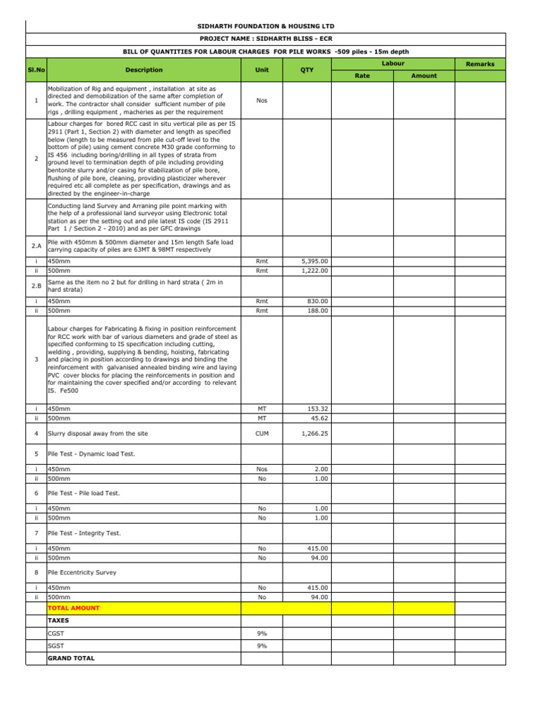 Pile quantity - Tender BOQ | PDF | Deep Foundation | Civil Engineering