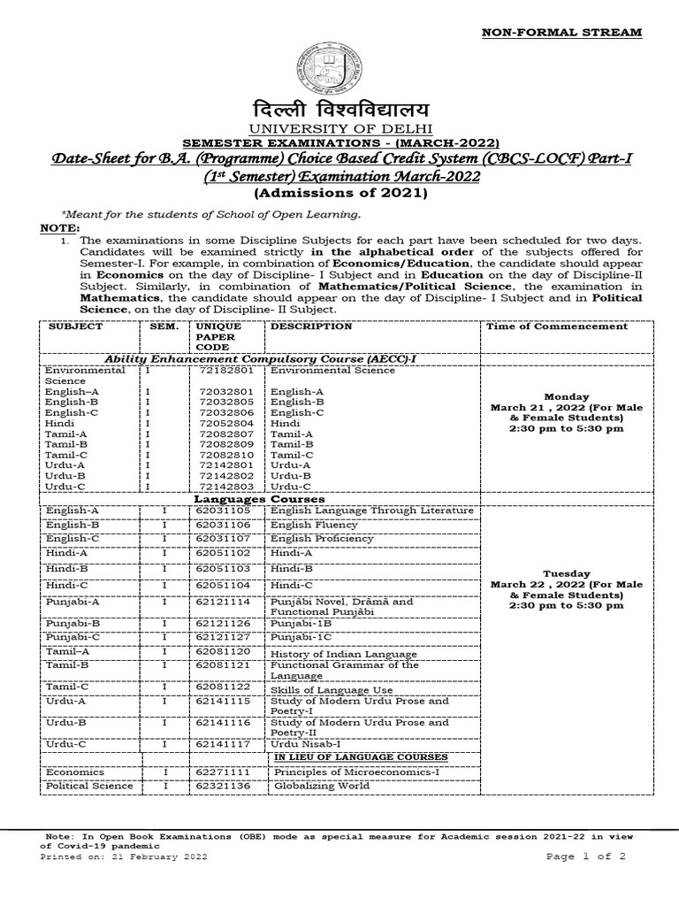 Exam Date Sheet 1 Semester March 2022 | PDF | Science | University And ...