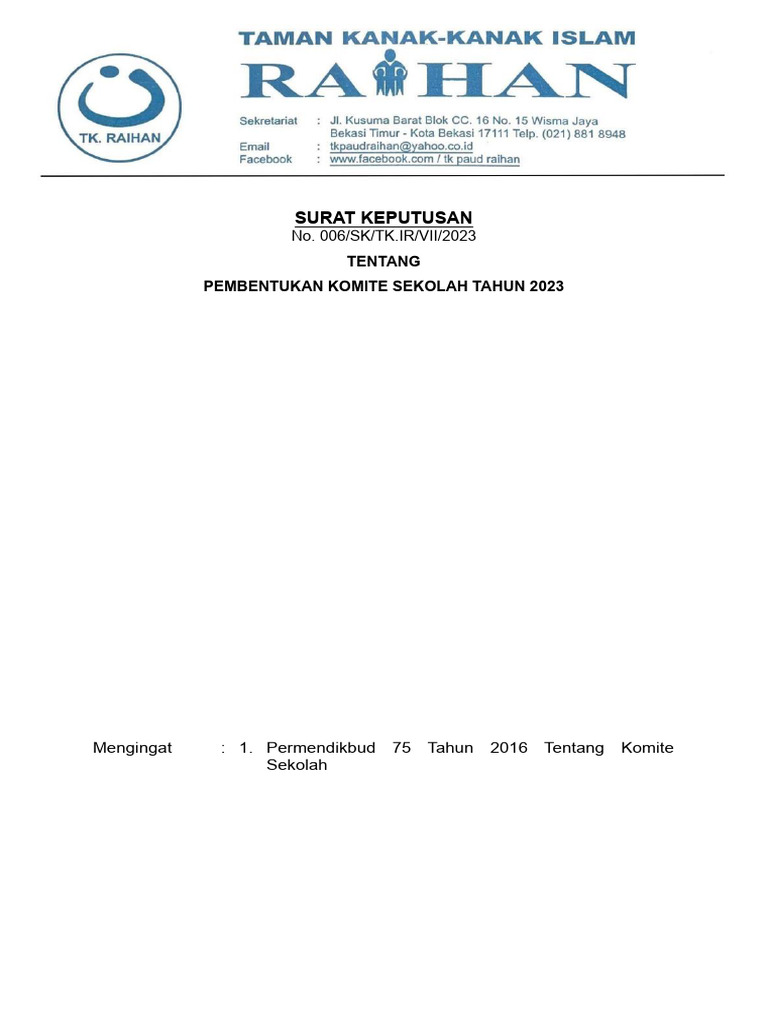 SK Komite TK Islam Raihan 2023 | PDF