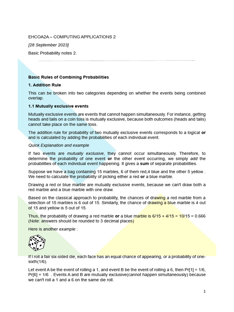 Basic Rules of Combining Probabilities Notes | PDF | Probability | Odds