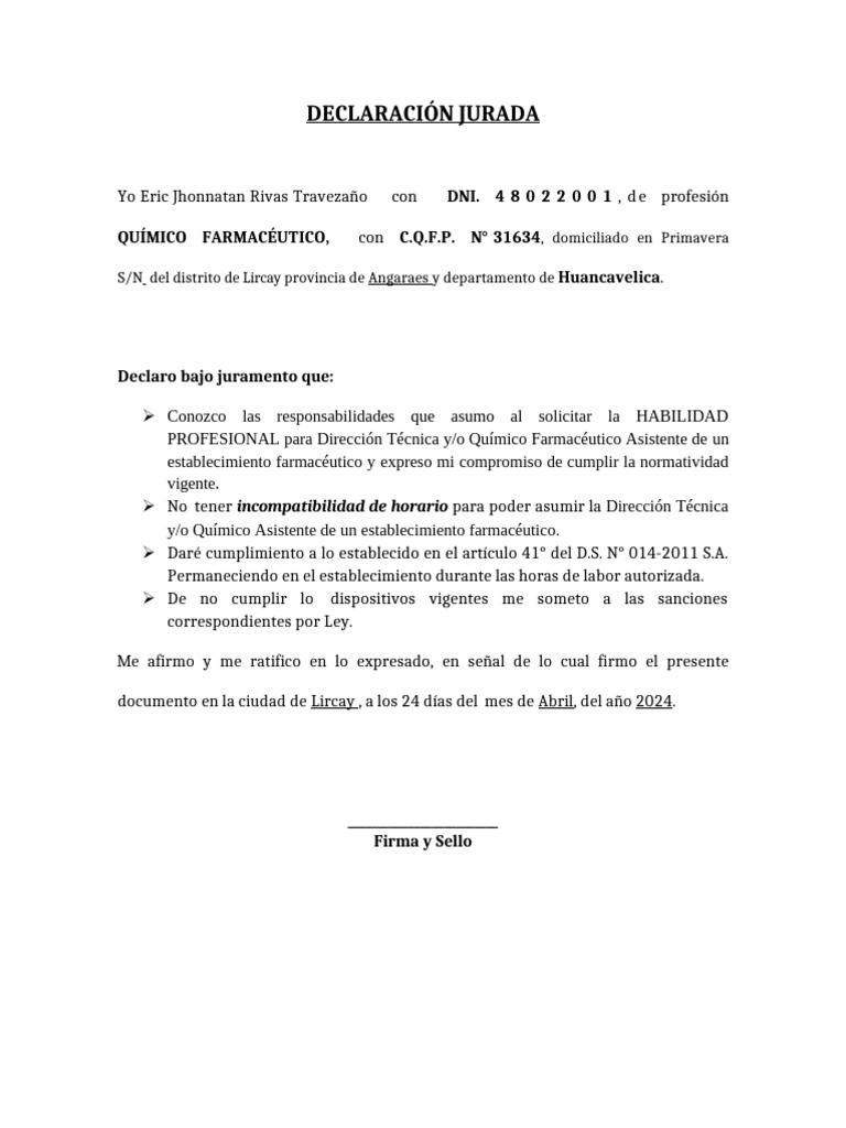 Declaracion Jrada Colegio Quimico Eric | PDF