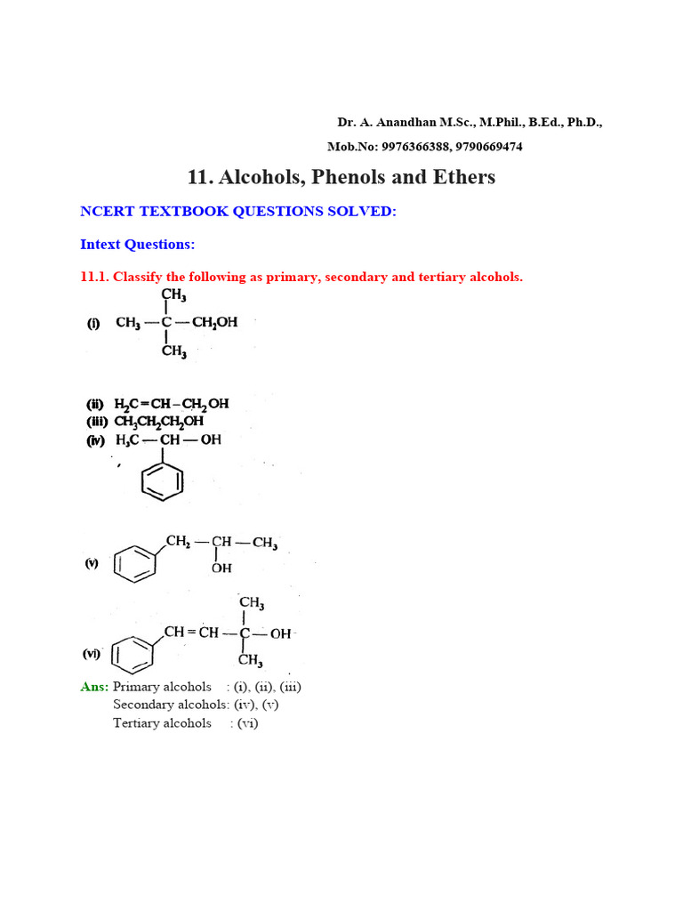 Alcohols, Phenols and Ethers-NCERT Book Questions | PDF | Ether ...