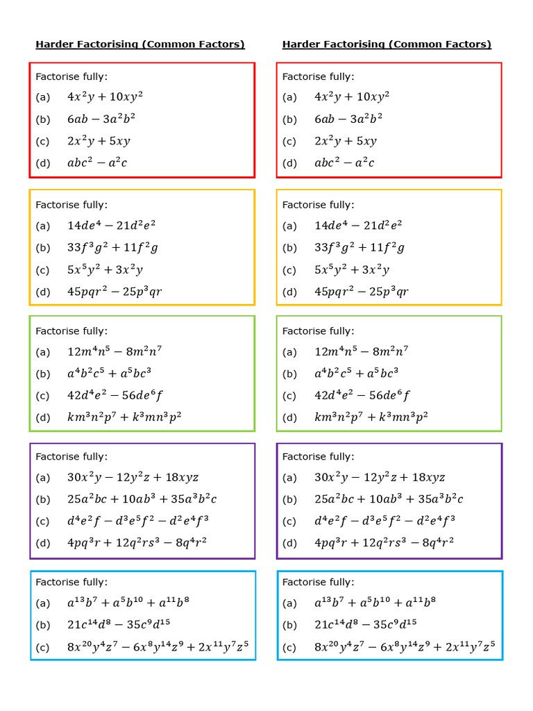 Harder Factorising with Common Factors Practice Strips | PDF