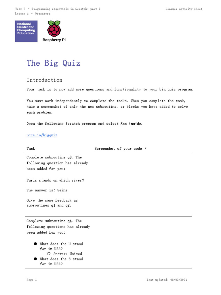 Year 7 Scratch Quiz Programming Guide | PDF | Computing | Computer Programming