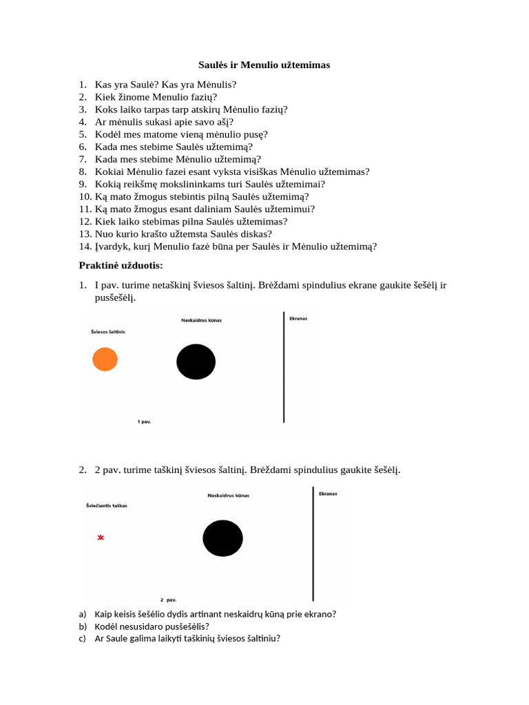 Klausimai Į Namus - Saulės Ir Menulio Užtemimas - Docx | PDF