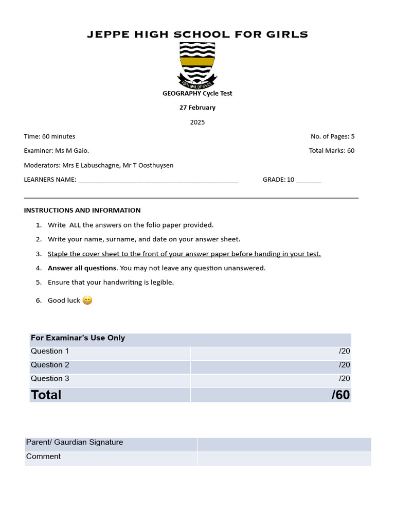 Geography Test for Grade 10 Students | PDF