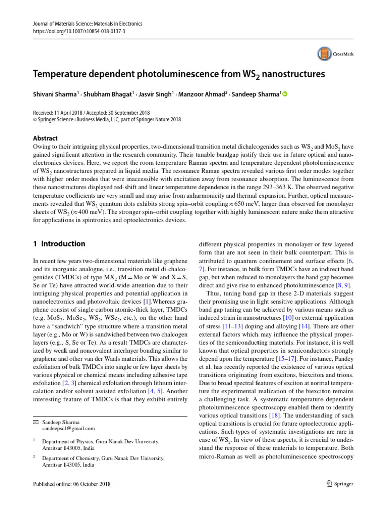 Temperature Dependent Photoluminescence From WS2 Nanostructures | PDF ...