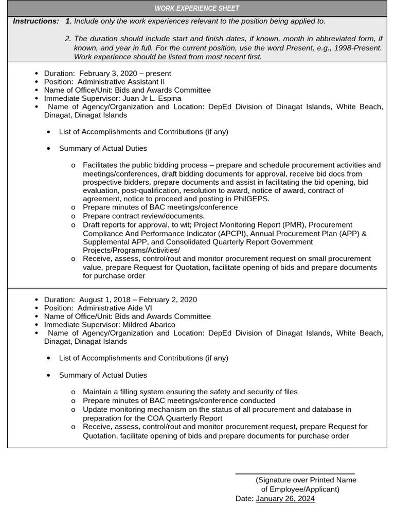 Cs Form No. 212 Attachment Work Experience Sheet | PDF | Business