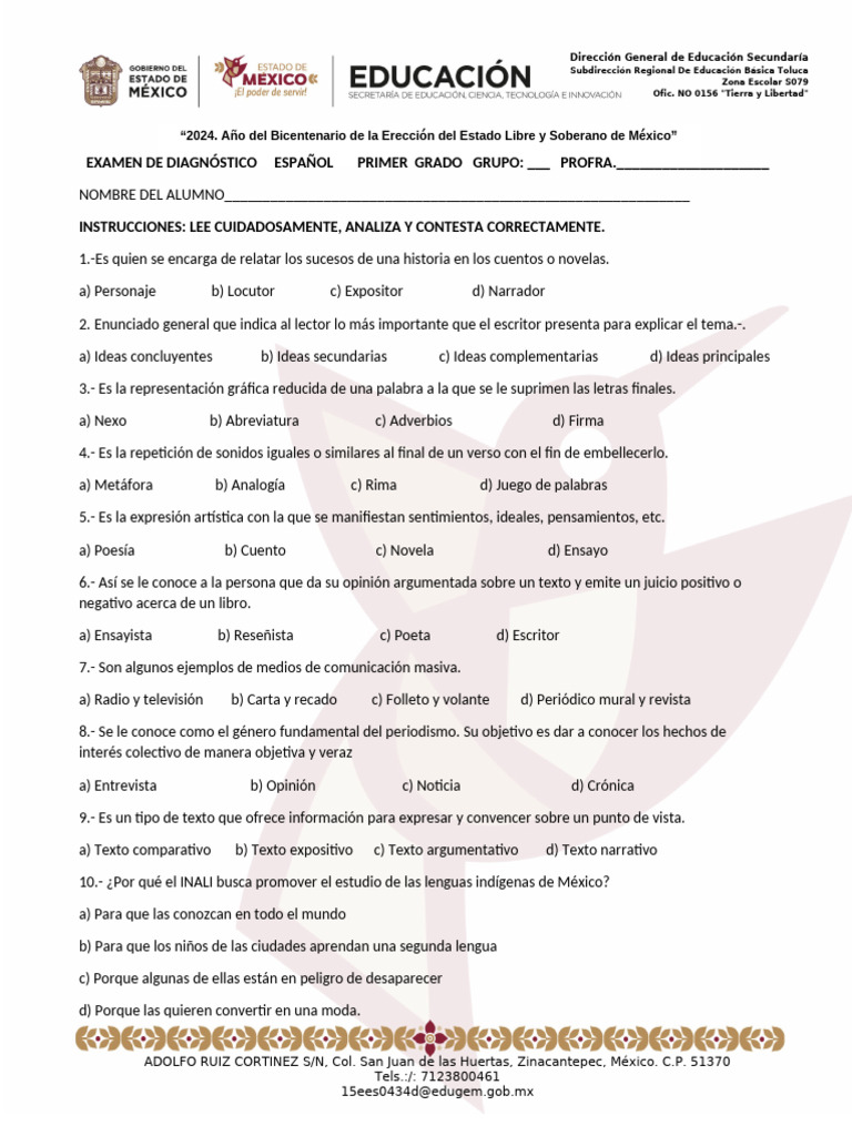 Examen Diagnostico - Español - 1a, B, C - Yeraldin | PDF | Escritores | Ensayos