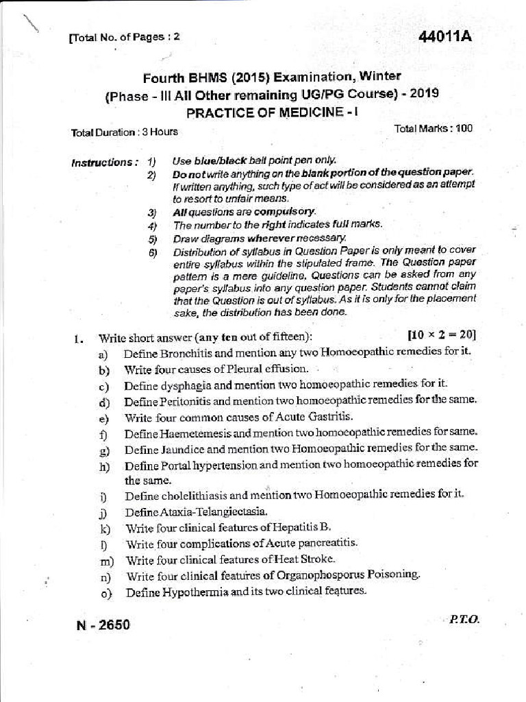 BHMS 2015 Exam: Practice of Medicine & Homeopathy | PDF