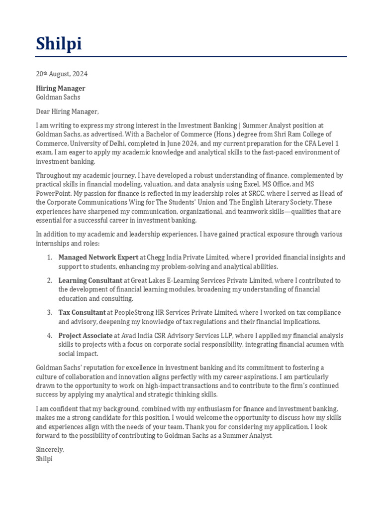 Cover Letter G&S | PDF | Investment Banking | Corporate Social ...