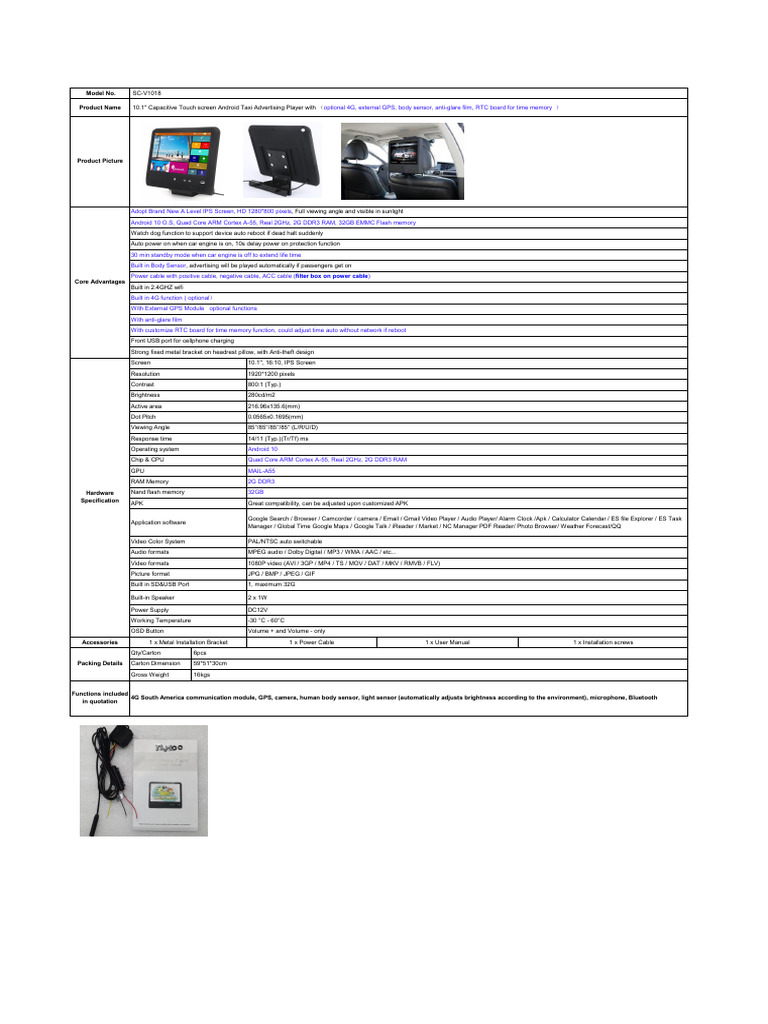 Specs Parameters SC-V1018 - Android Car Monitor Ad | PDF | Computer ...